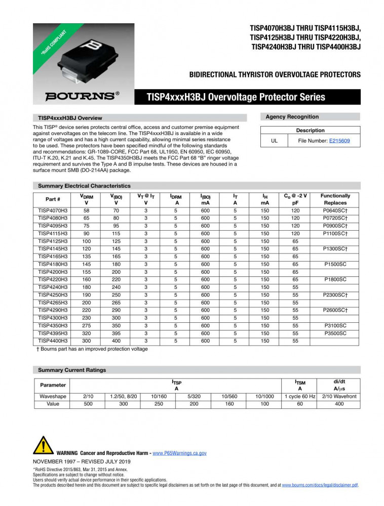 BOURNS TISP4xxxH3BJ datasheet page 1
