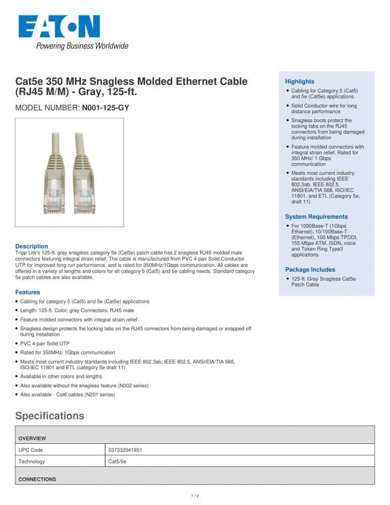 N001-125-GY technical document page 1