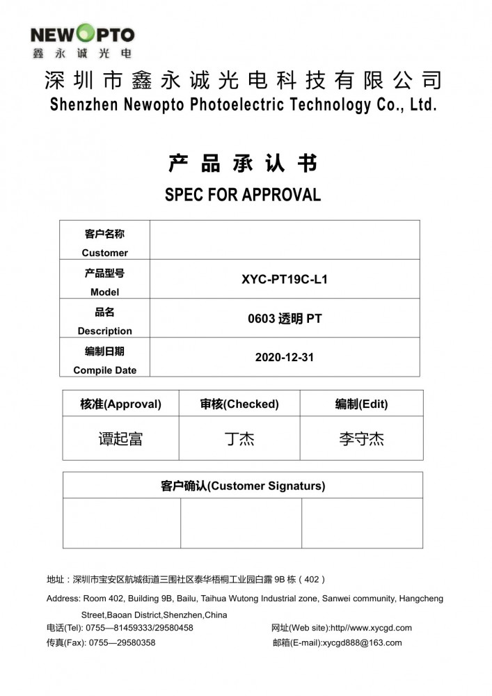 XYC-PT19C-L1 specification page 1
