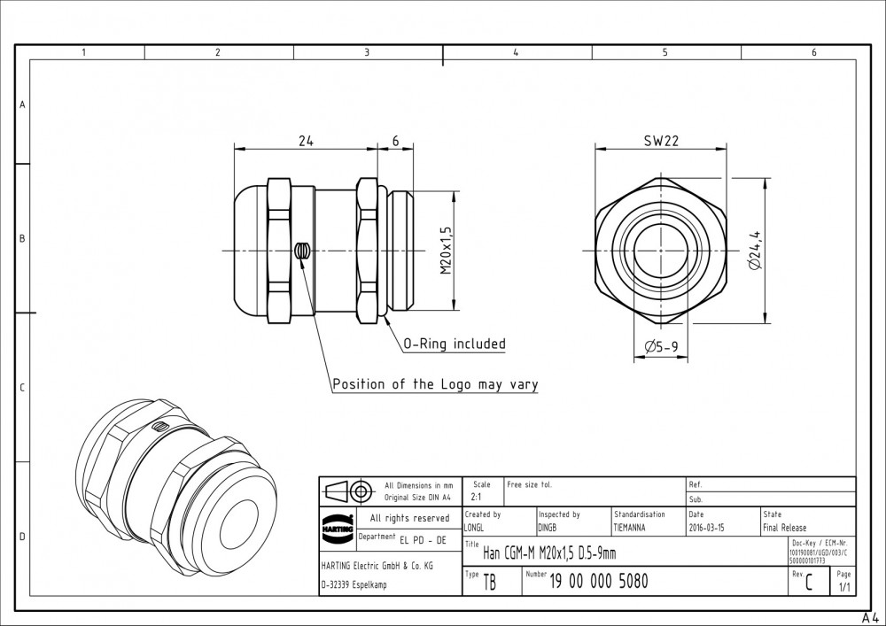 Harting 19000005080 technical drawing