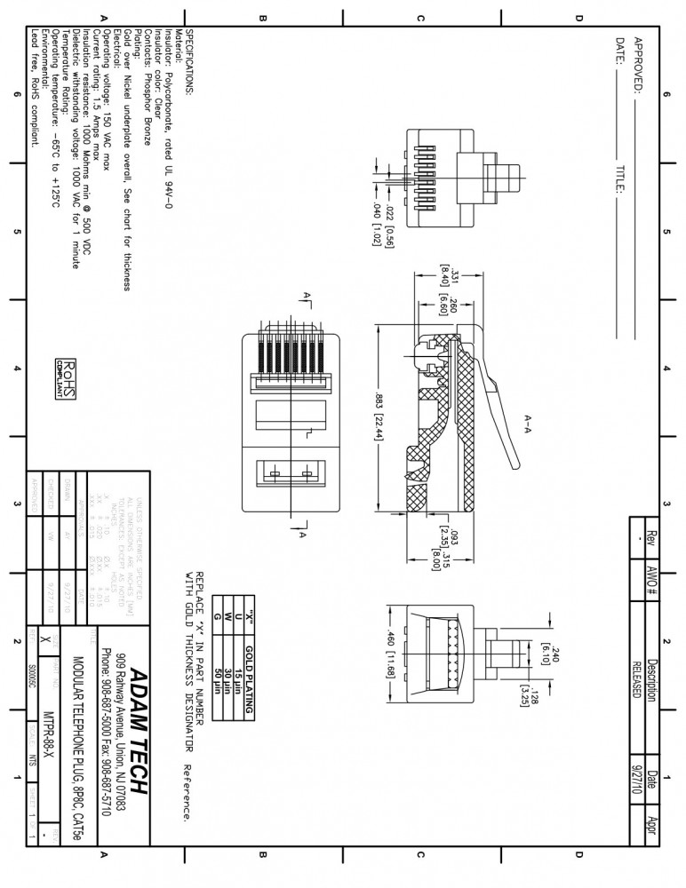 ADAM TECH MTPR-88 8P8C Cat 5e modular plug drawing