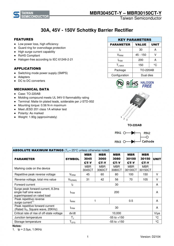 MBR30100CT-Y technical document page 1