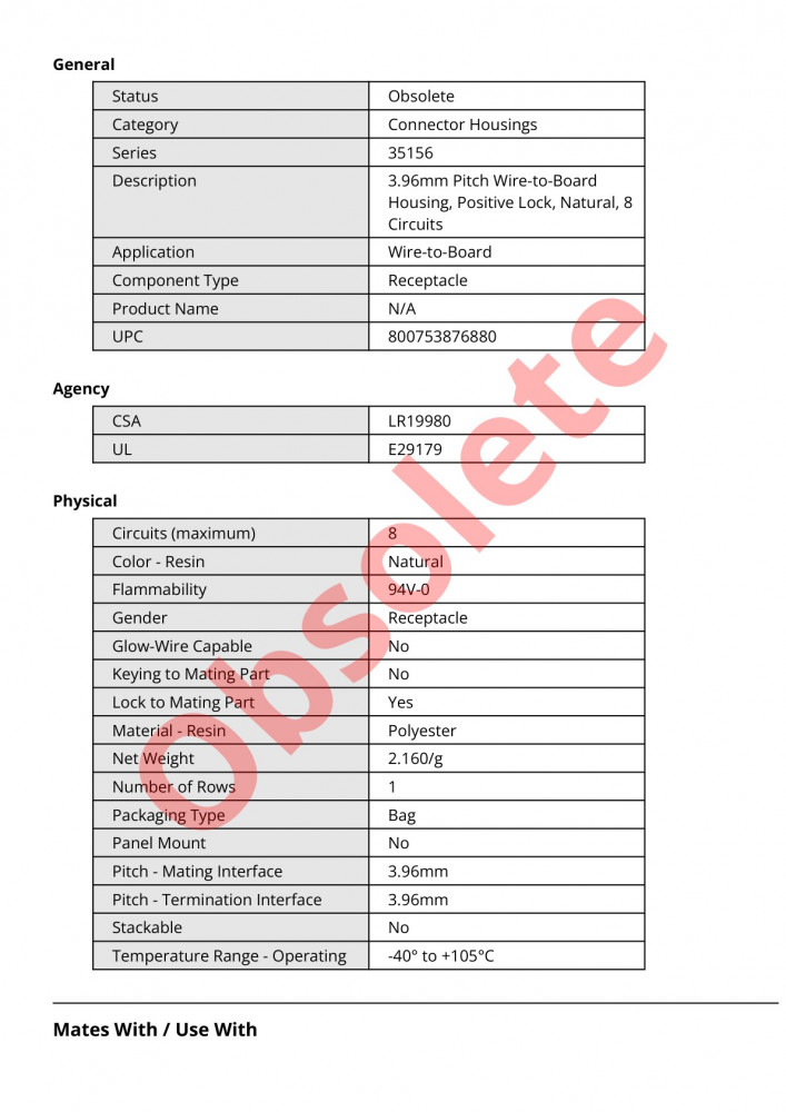 Technical document image 2 for MOLEX 351560800