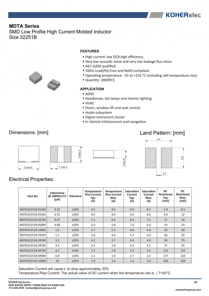 KOHERelec MDTA32251B-2R2M datasheet page 1
