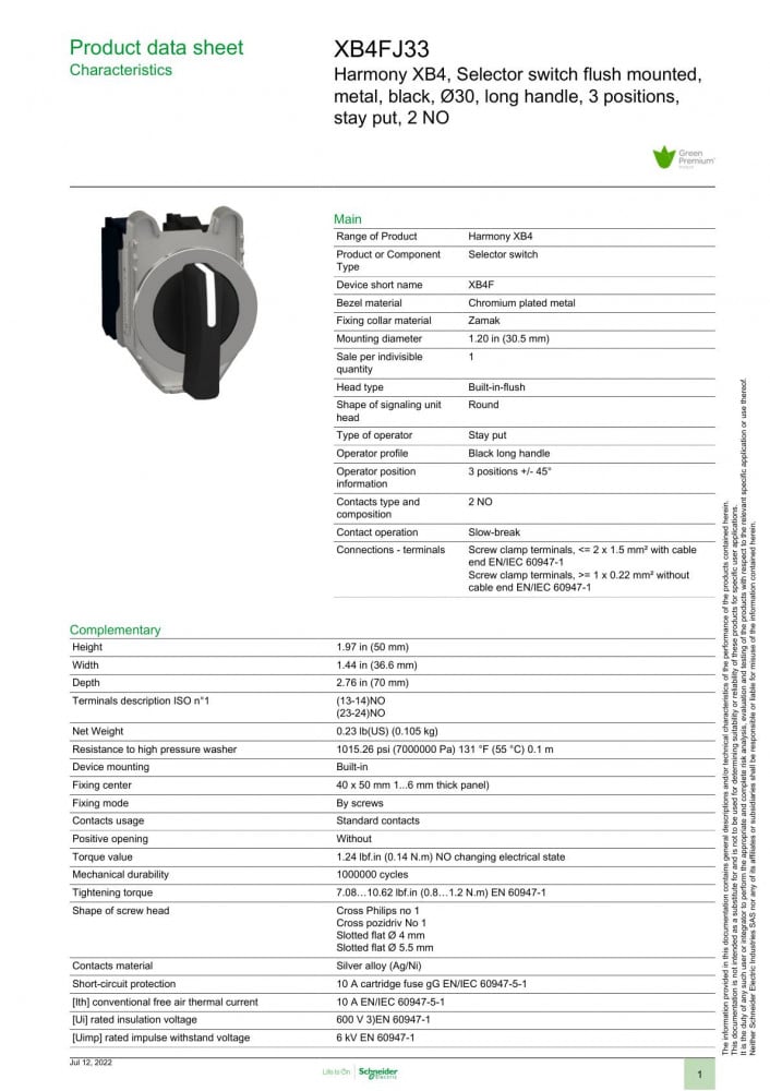 XB4FJ33 technical document page 1