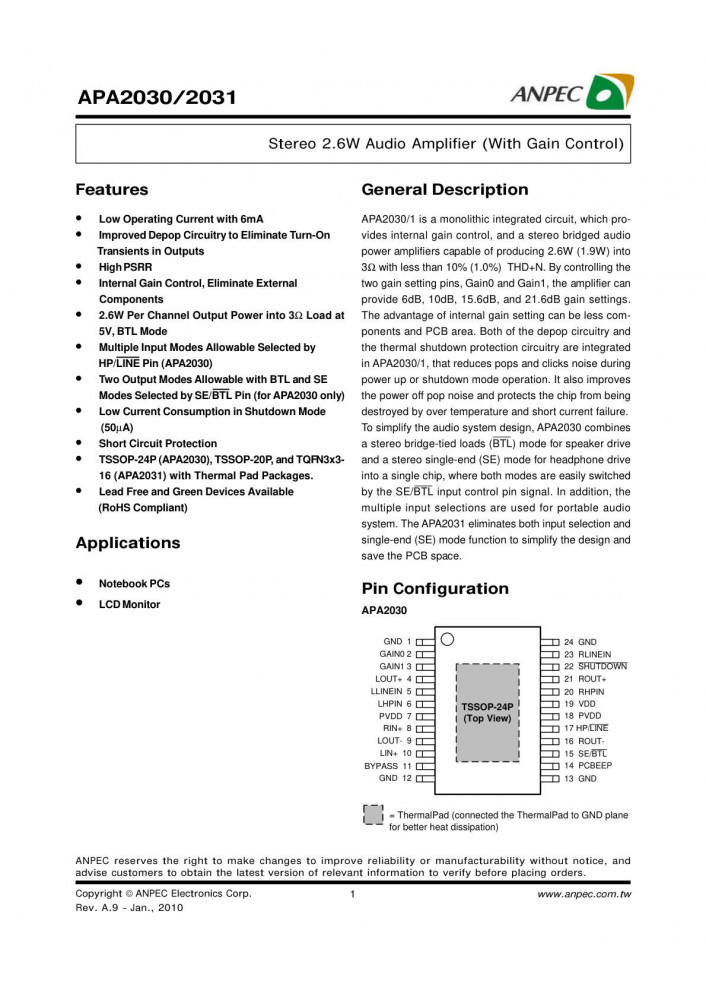 APA2031 datasheet page 1