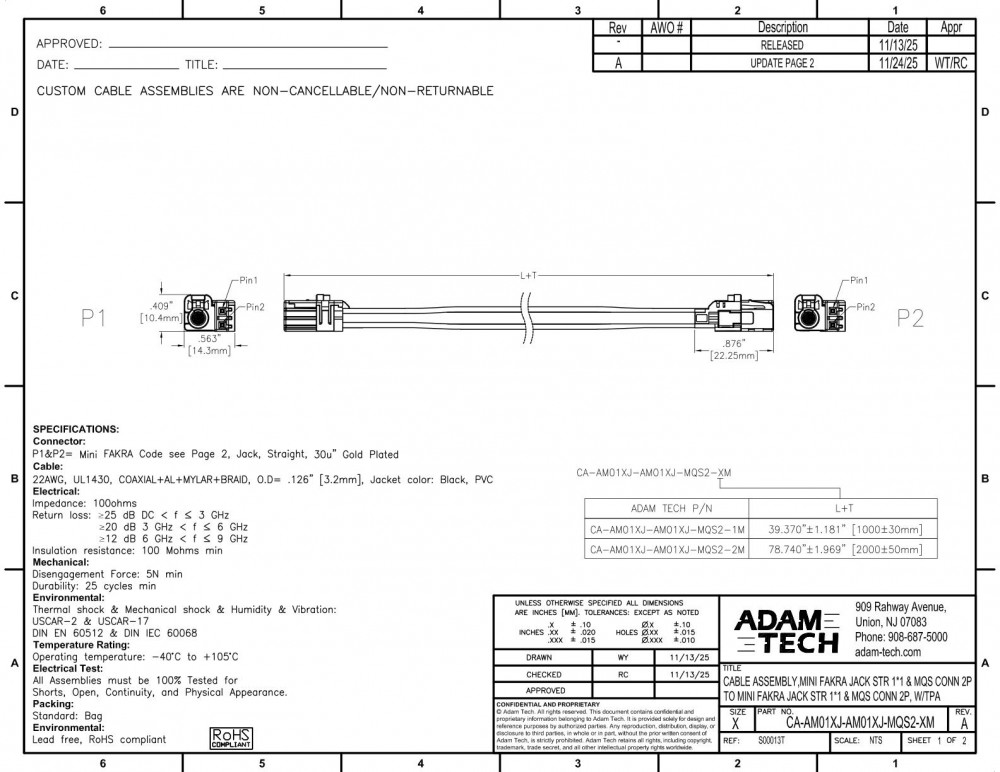 Adam Tech cable assembly drawing, page 1