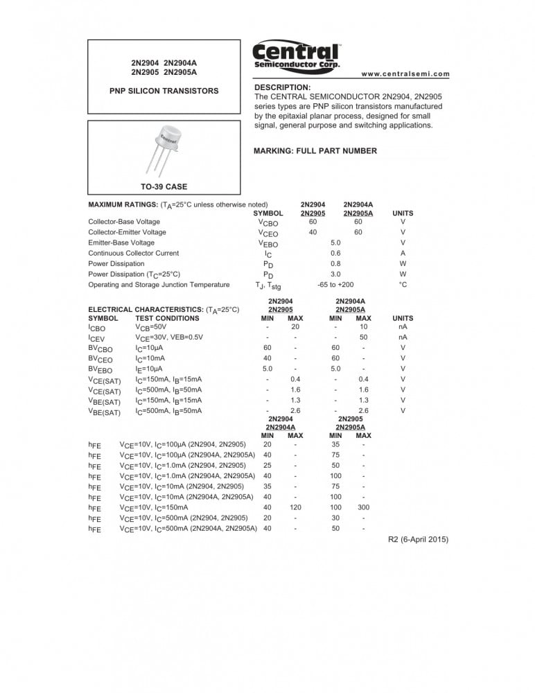 Central 2N2905 datasheet page 1