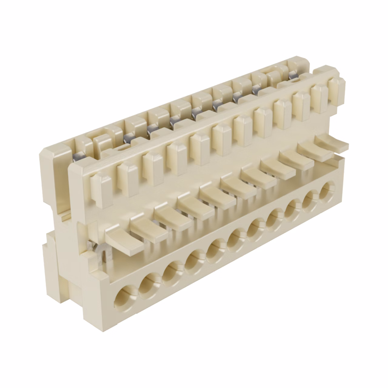 Appli-Mate RAST 2.5 Connector, 2.50mm Pitch, Female, 12 Circuits, Circuit 2 and 11 Voided, Polarizing Rib Between 5/6, Latch at Circuit 2 and 11, Closed Endwalls, Gold Plating