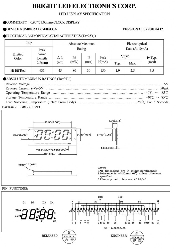 BC-E09433A LED display specification sheet