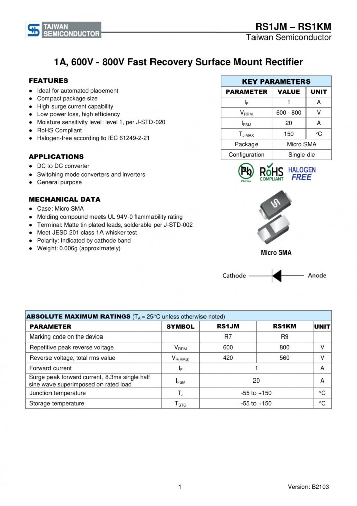 Taiwan Semiconductor RS1KM datasheet page 1
