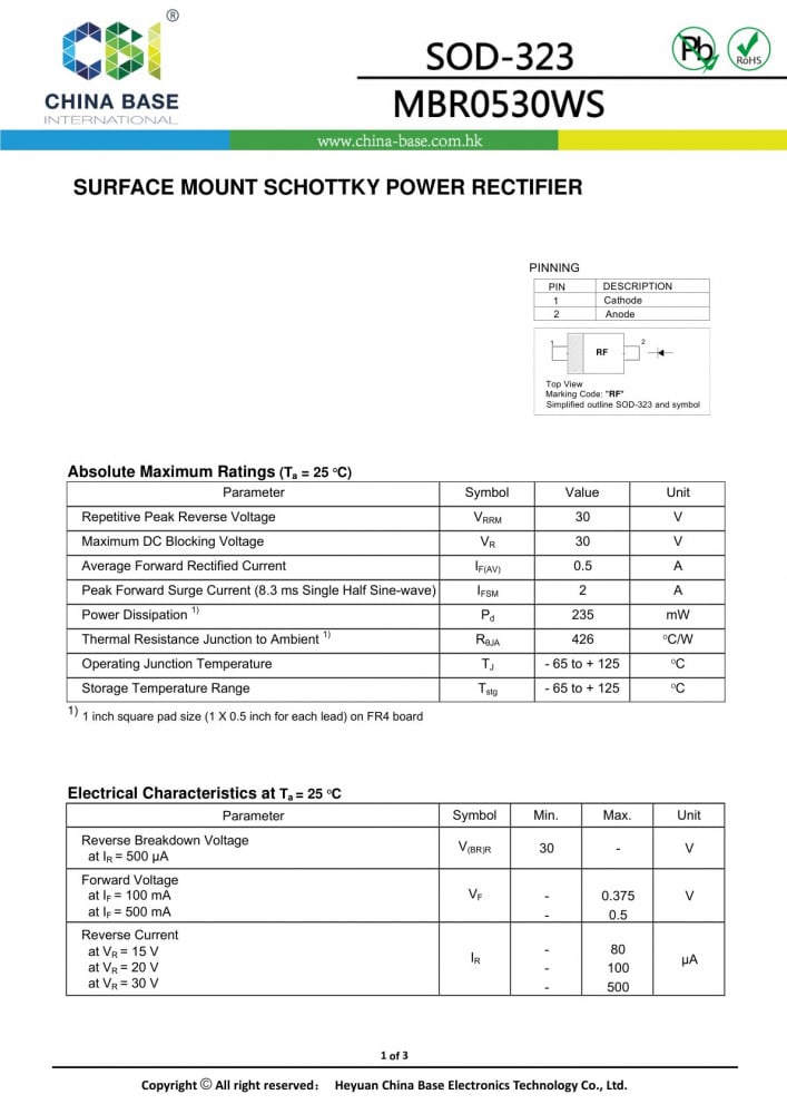 MBR0530WS datasheet page 1