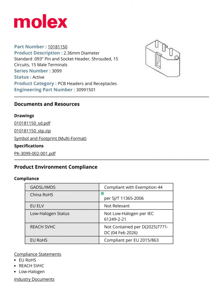 MOLEX 10181150 technical document, page 1