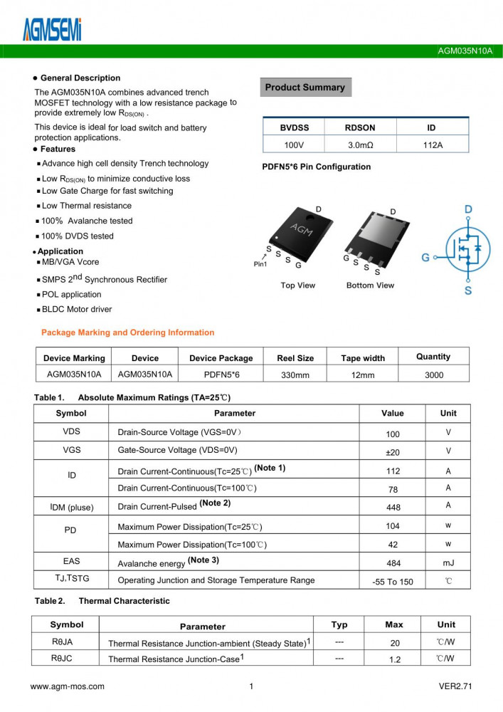 AGM035N10A datasheet page 1