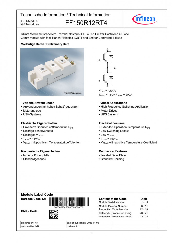 FF150R12RT4 datasheet page 1