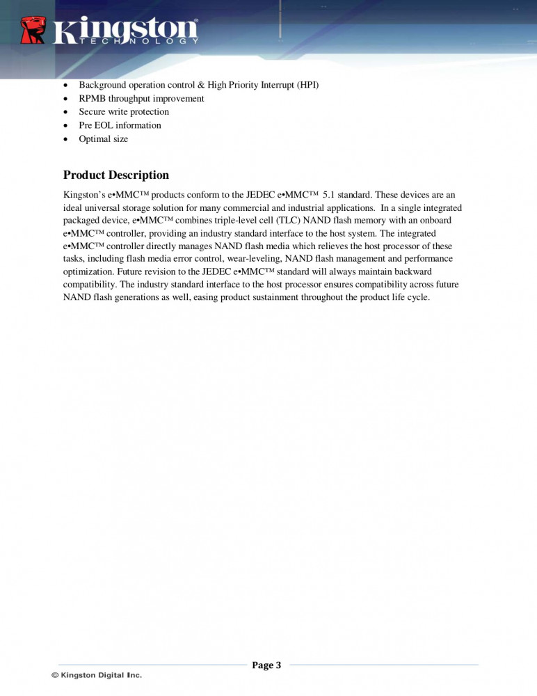 Kingston eMMC datasheet page 3