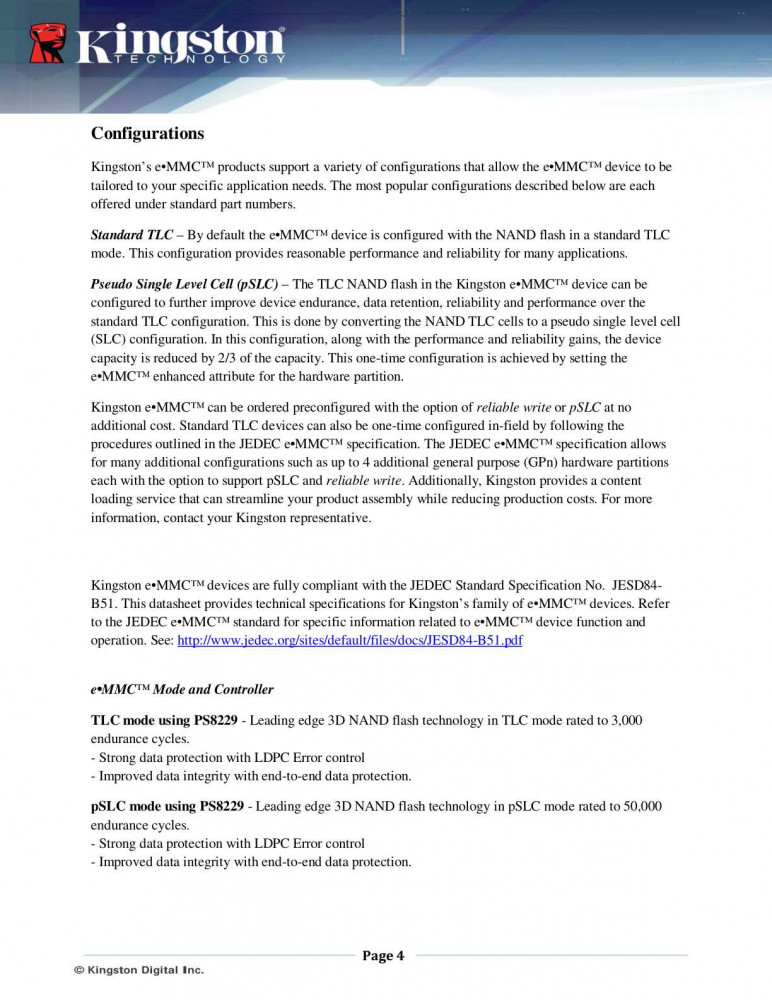 Kingston eMMC datasheet page 4
