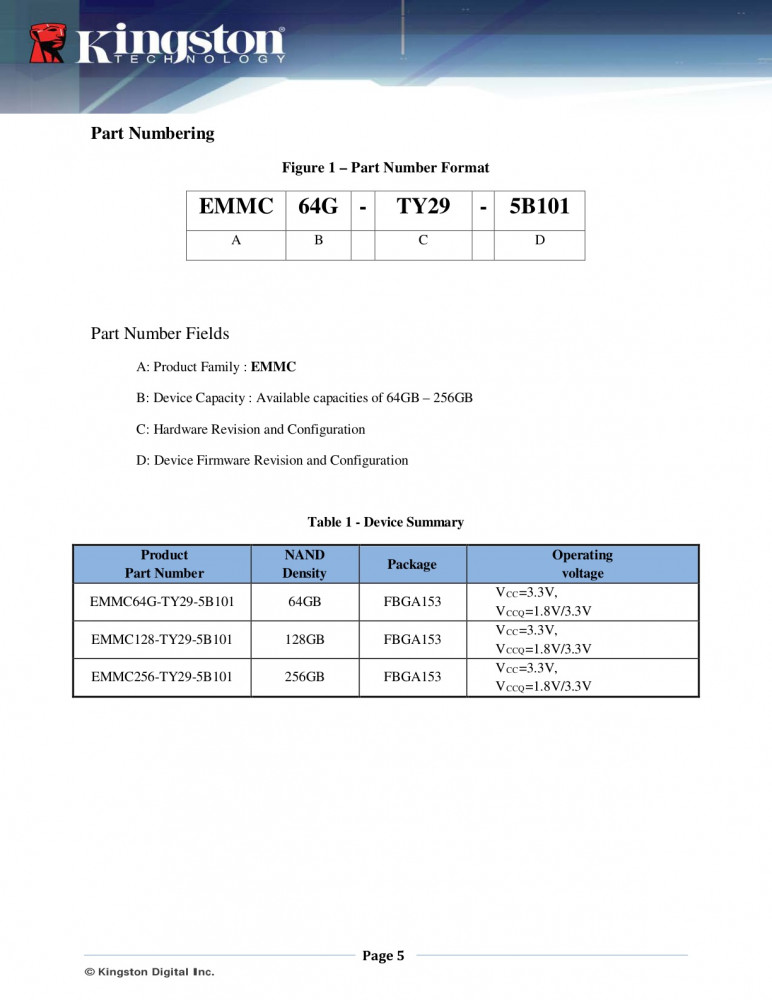 Kingston eMMC datasheet page 5