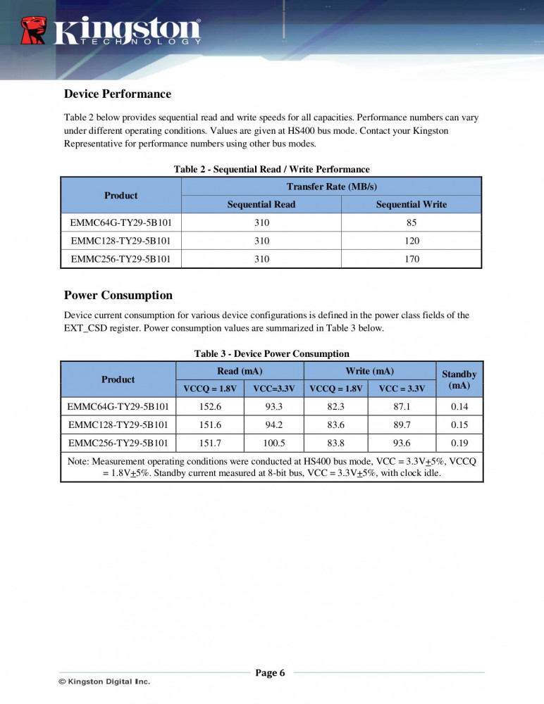 Kingston eMMC datasheet page 6