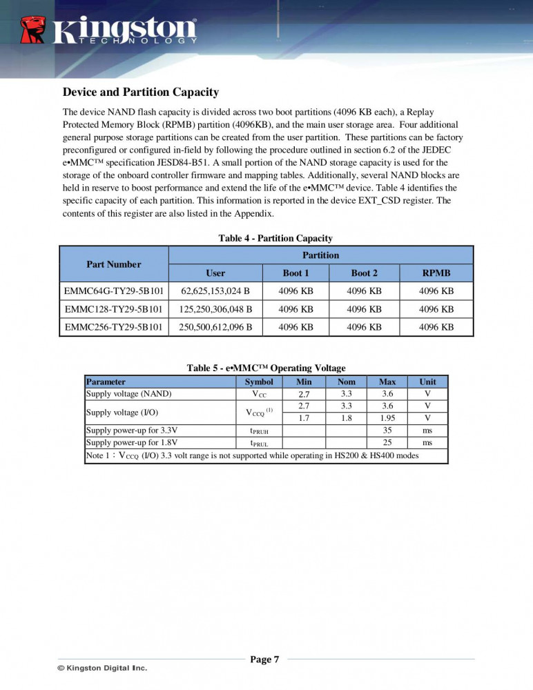 Kingston eMMC datasheet page 7