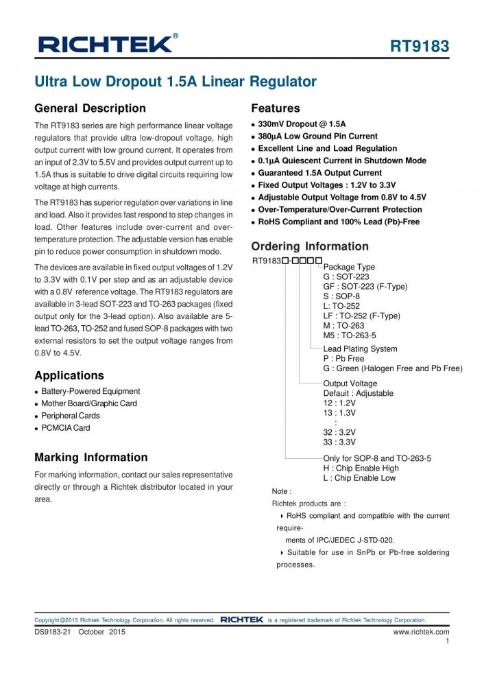 RT9183 datasheet page 1