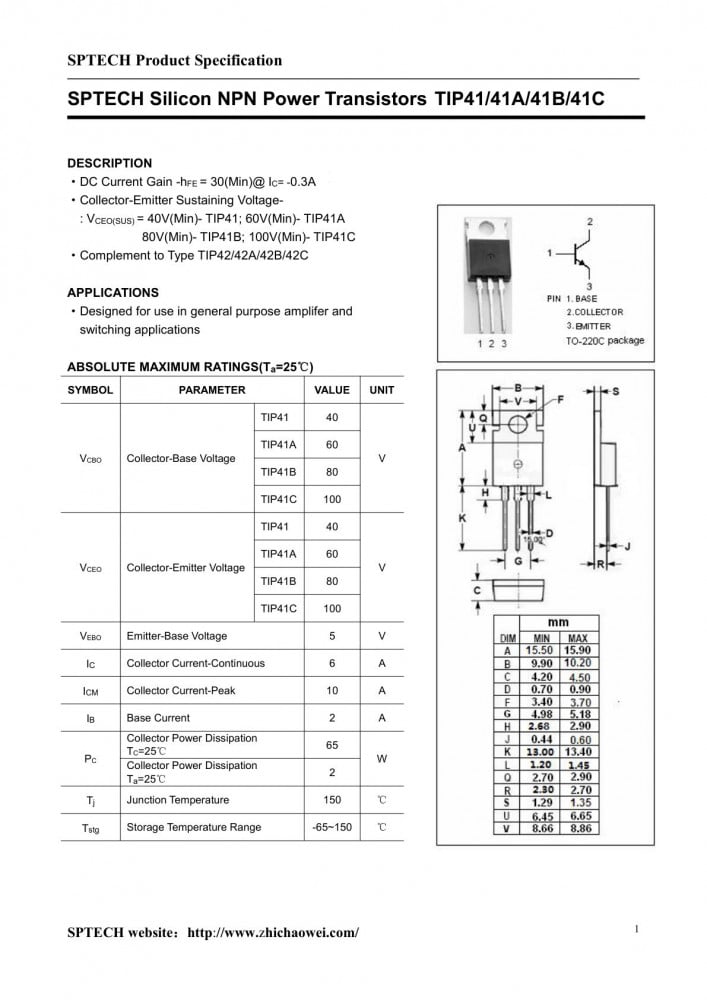 SPTECH TIP41A datasheet page 1