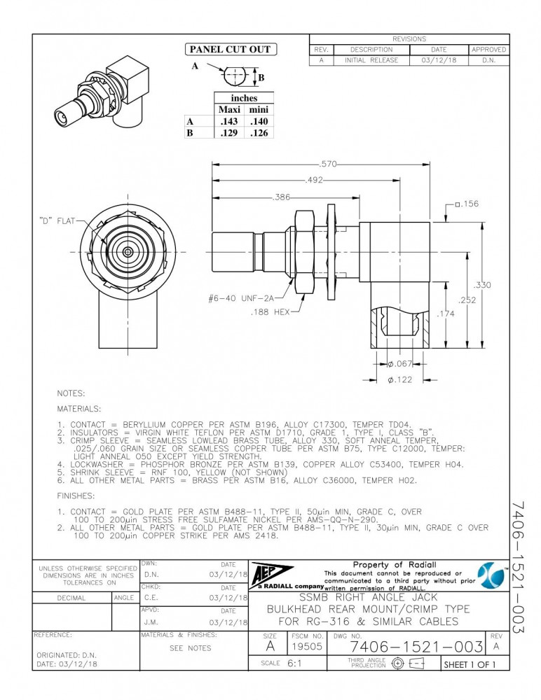 Radiall drawing image for connector model 7406-1521-003