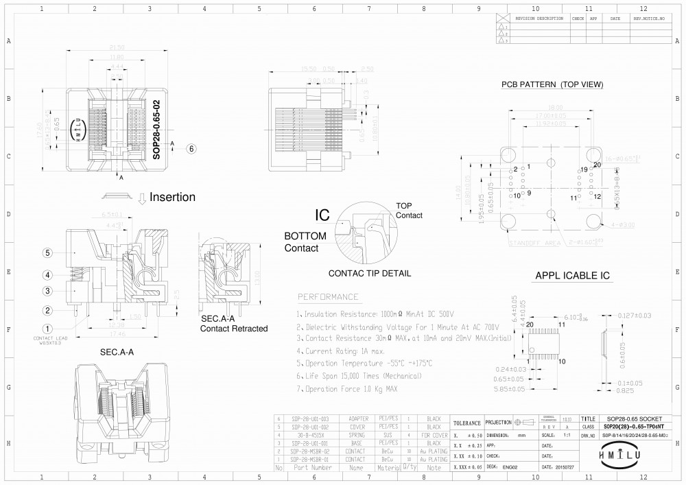 HMILU SSOP20(28)-0.65 socket technical drawing
