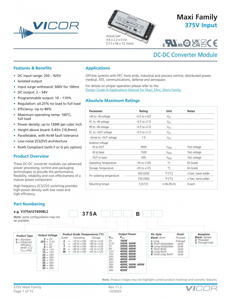 VICOR converter datasheet preview, page 1