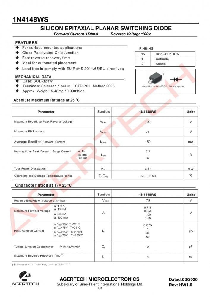 1N4148WS datasheet page 1