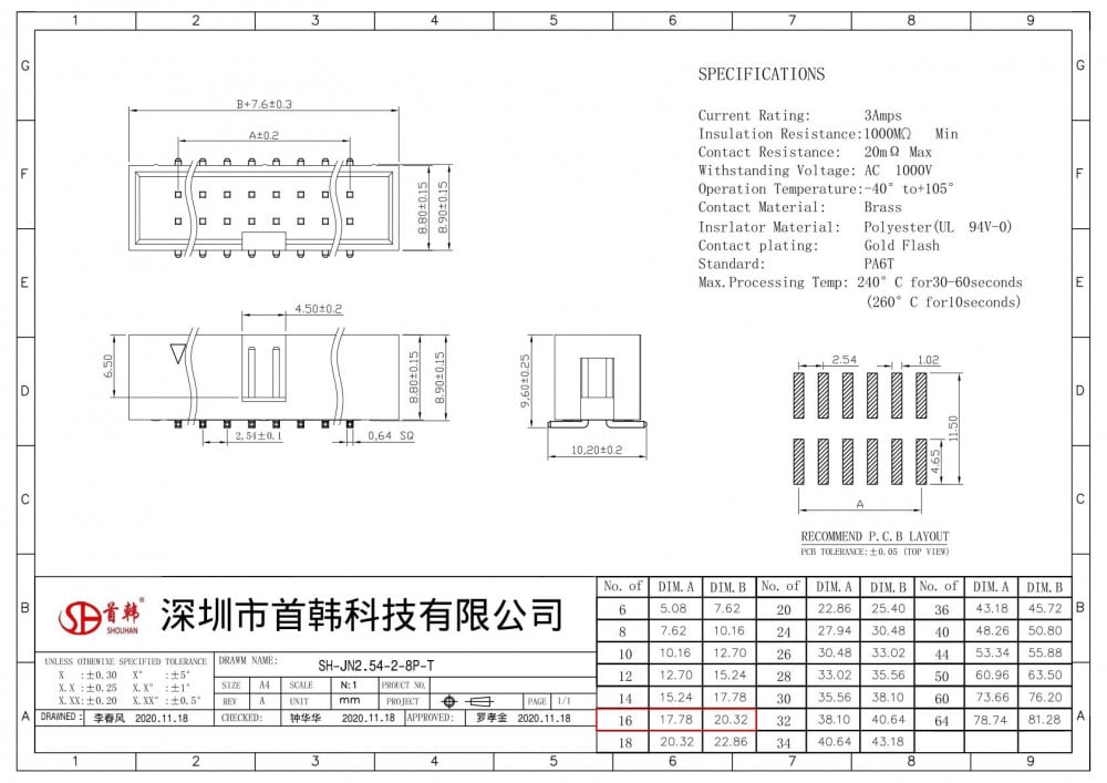 SHOU HAN SH-JN2.54-2-8P-T technical drawing