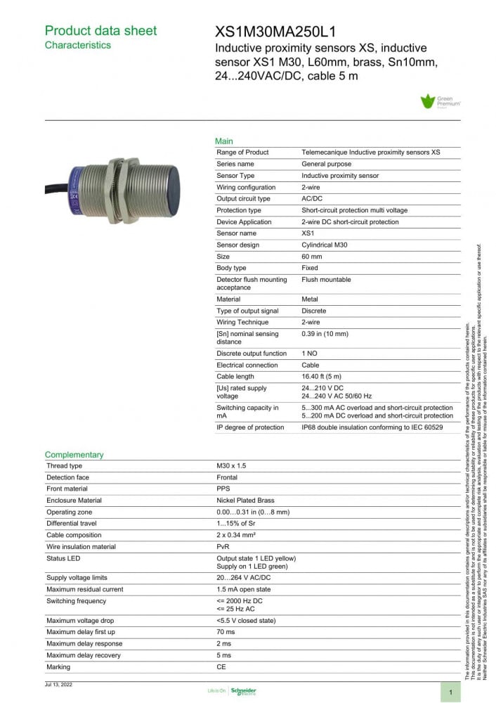 XS1M30MA250L1 technical document page 1