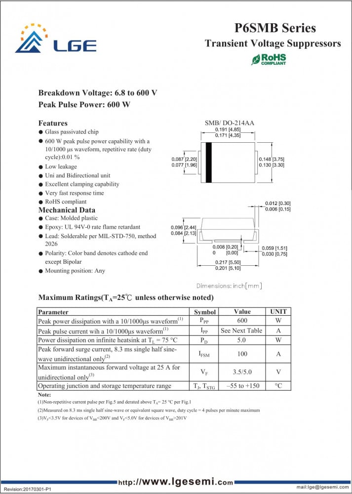 LGE P6SMB series datasheet page 1