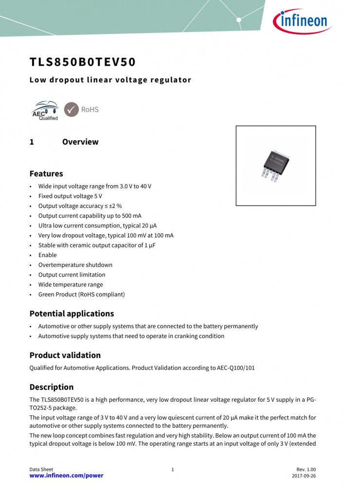 TLS850B0TEV50 datasheet page 1