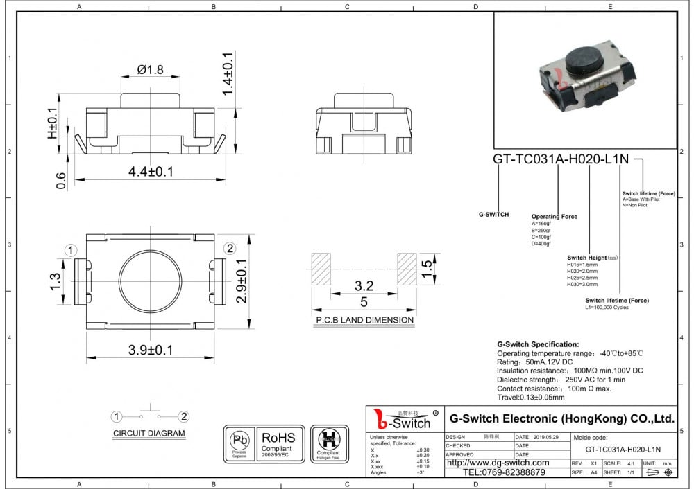 G-Switch GT-TC031A-H020-L1N mechanical drawing