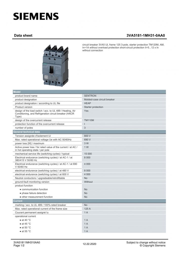 3VA5181-1MH31-0AA0 technical document page 1