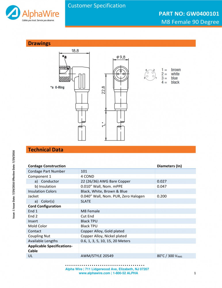 Alpha Wire GW0400101 SL357 technical drawing