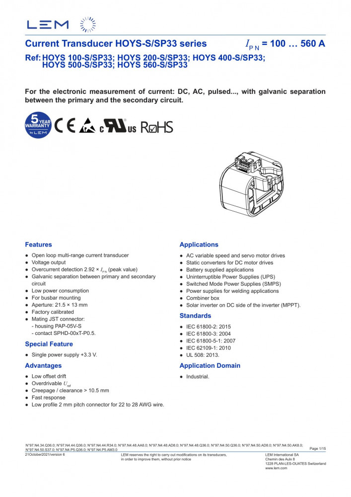 HOYS 400-S/SP33 datasheet page 1