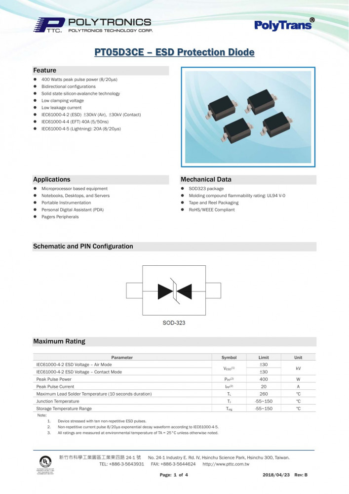 PT05D3CE datasheet page 1