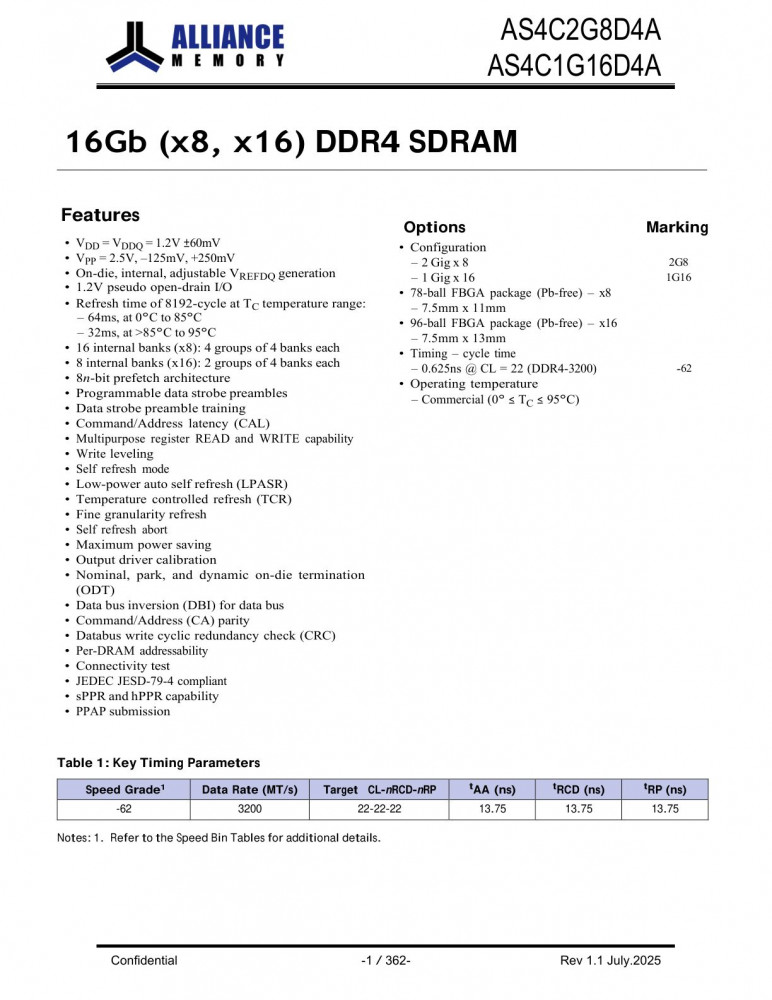 AS4C2G8D4A-62BCN datasheet preview page 1