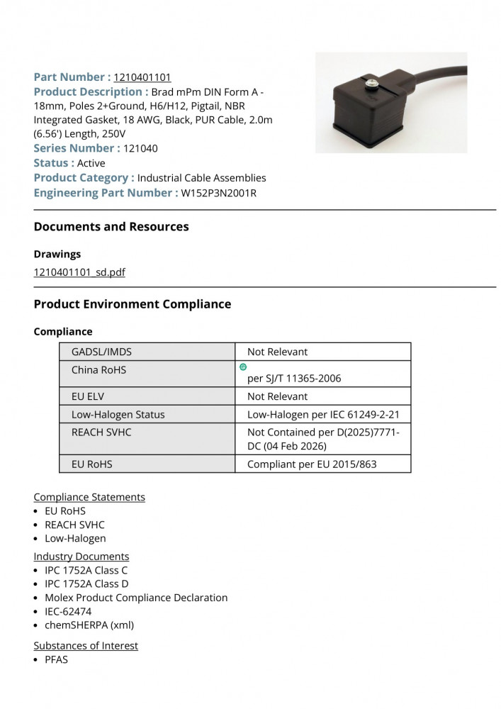MOLEX 121040 series product drawing, page 1