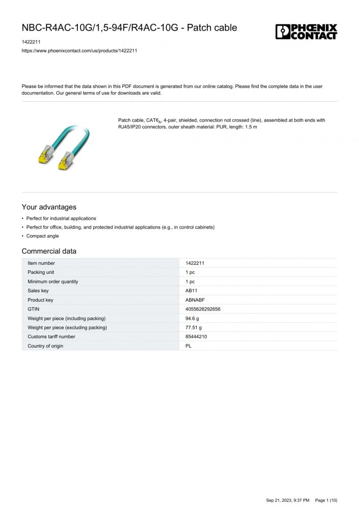 Phoenix Contact 1422211 technical document page 1