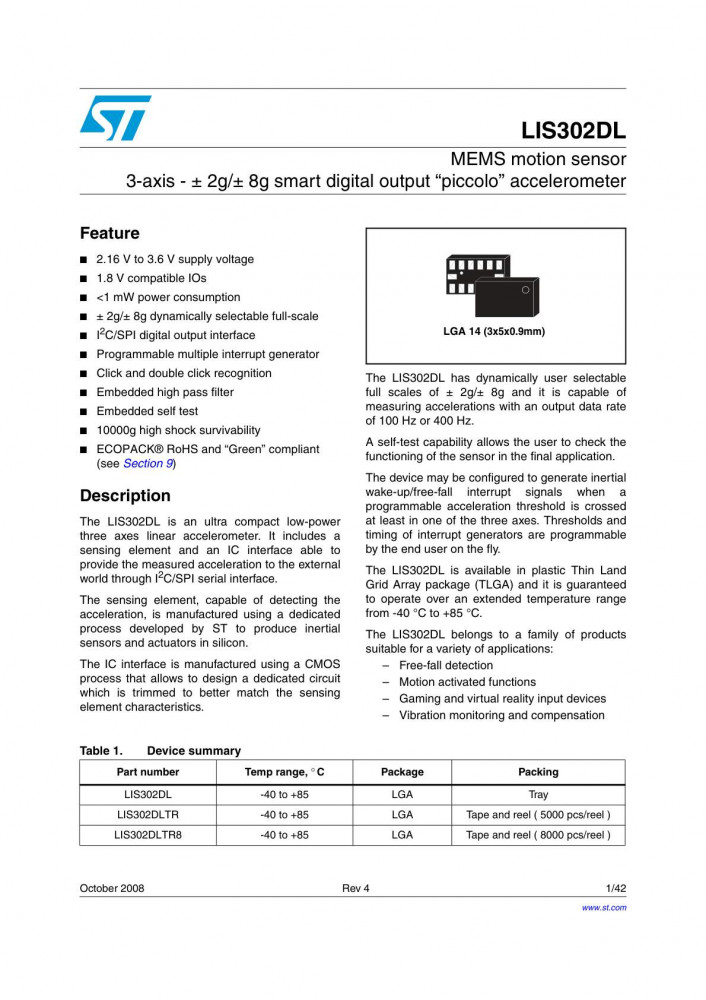LIS302DL datasheet page 1