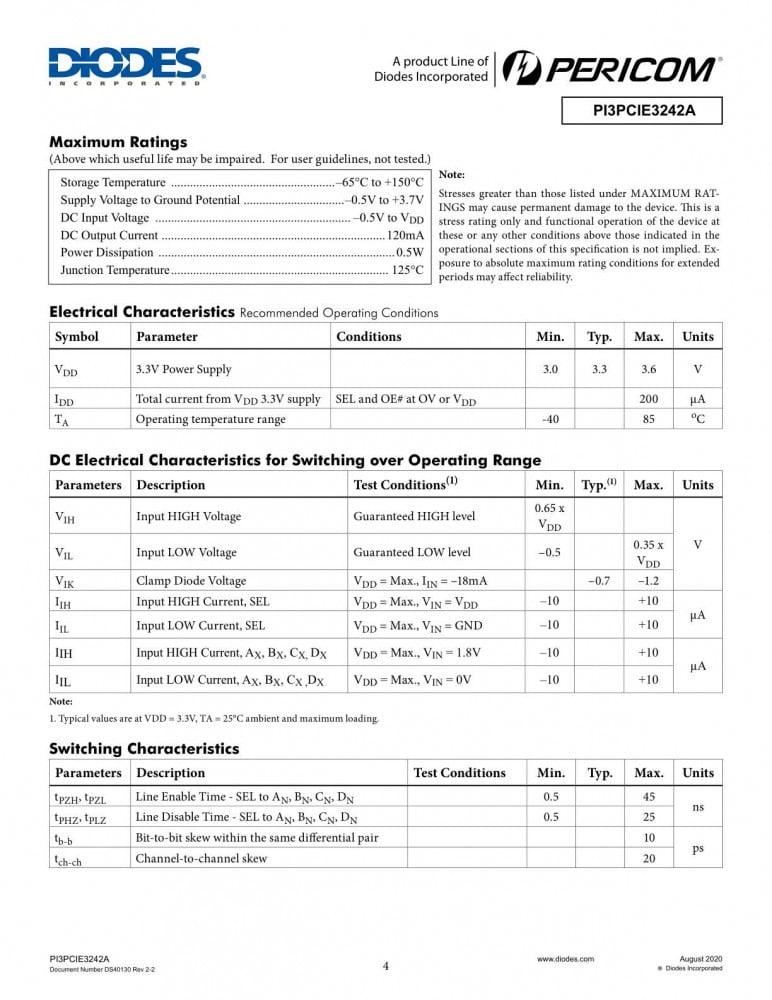 PI3PCIE3242AZLEX datasheet page 4