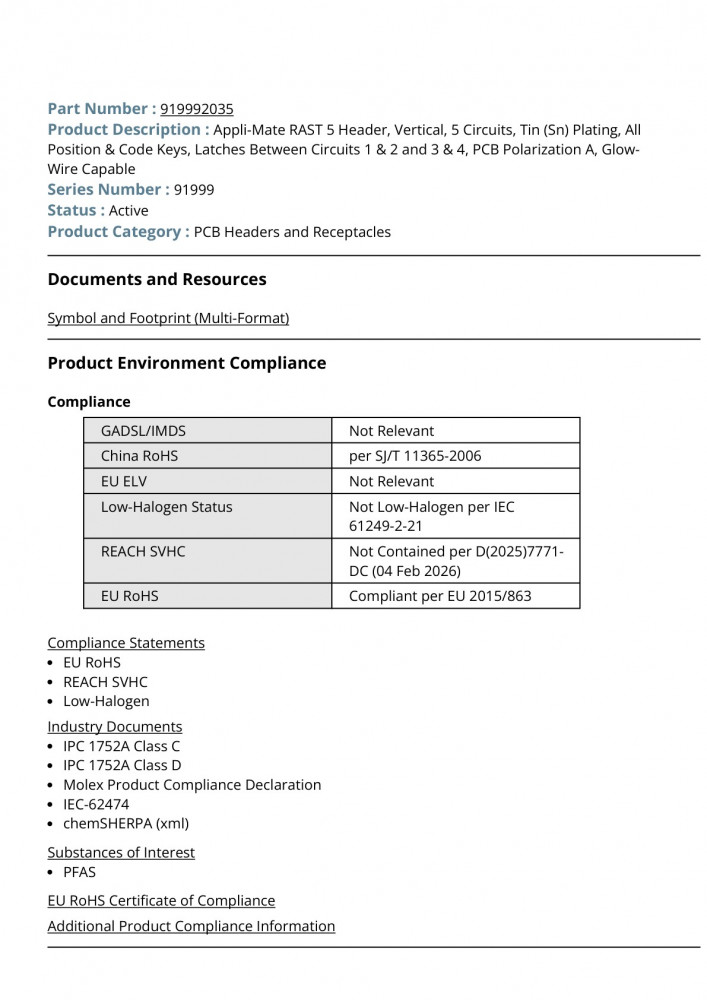 MOLEX 919992035 technical document image, page 1