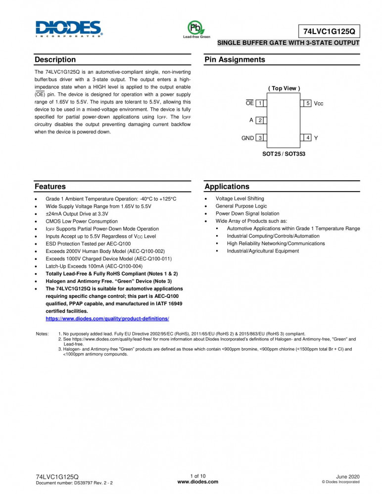 74LVC1G125QSE-7 datasheet page 1