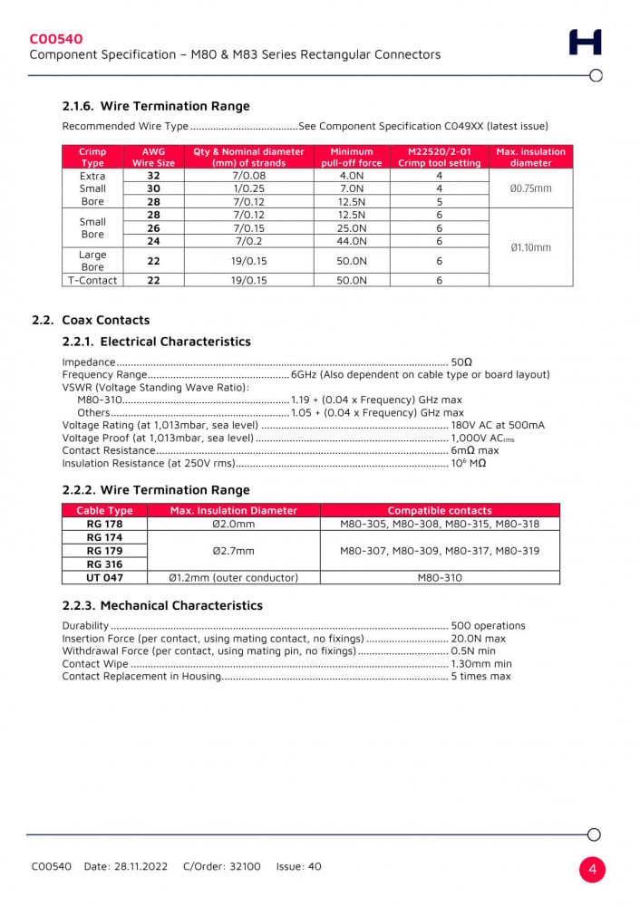 Harwin Datamate specification page 4