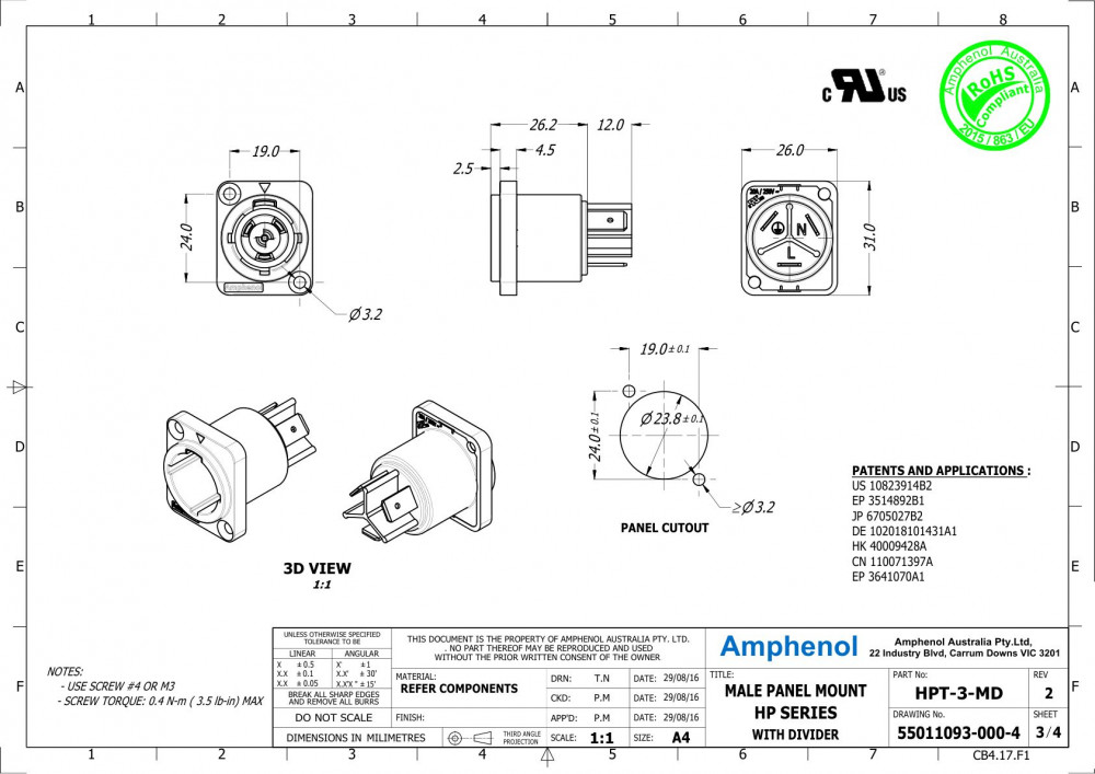 Amphenol HPT-3-MD engineering drawing preview