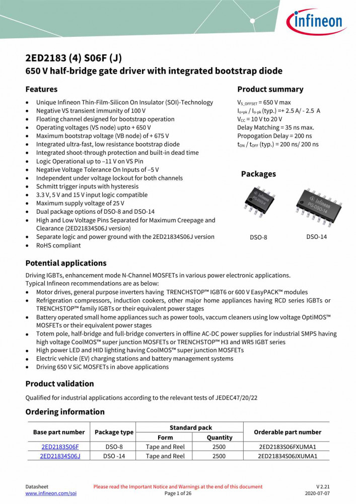 Infineon 2ED2183S06F datasheet page 1