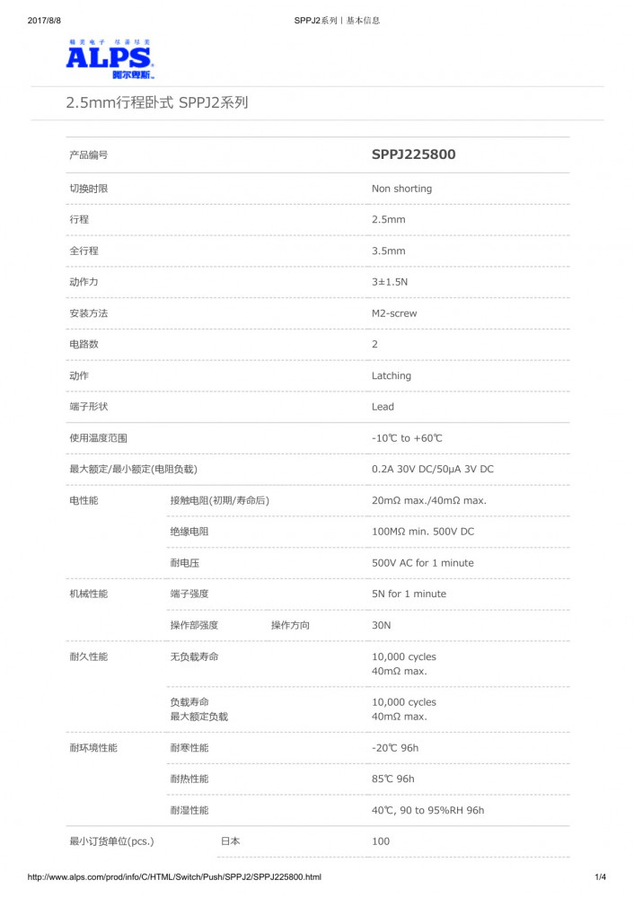 SPPJ225800 product specification page